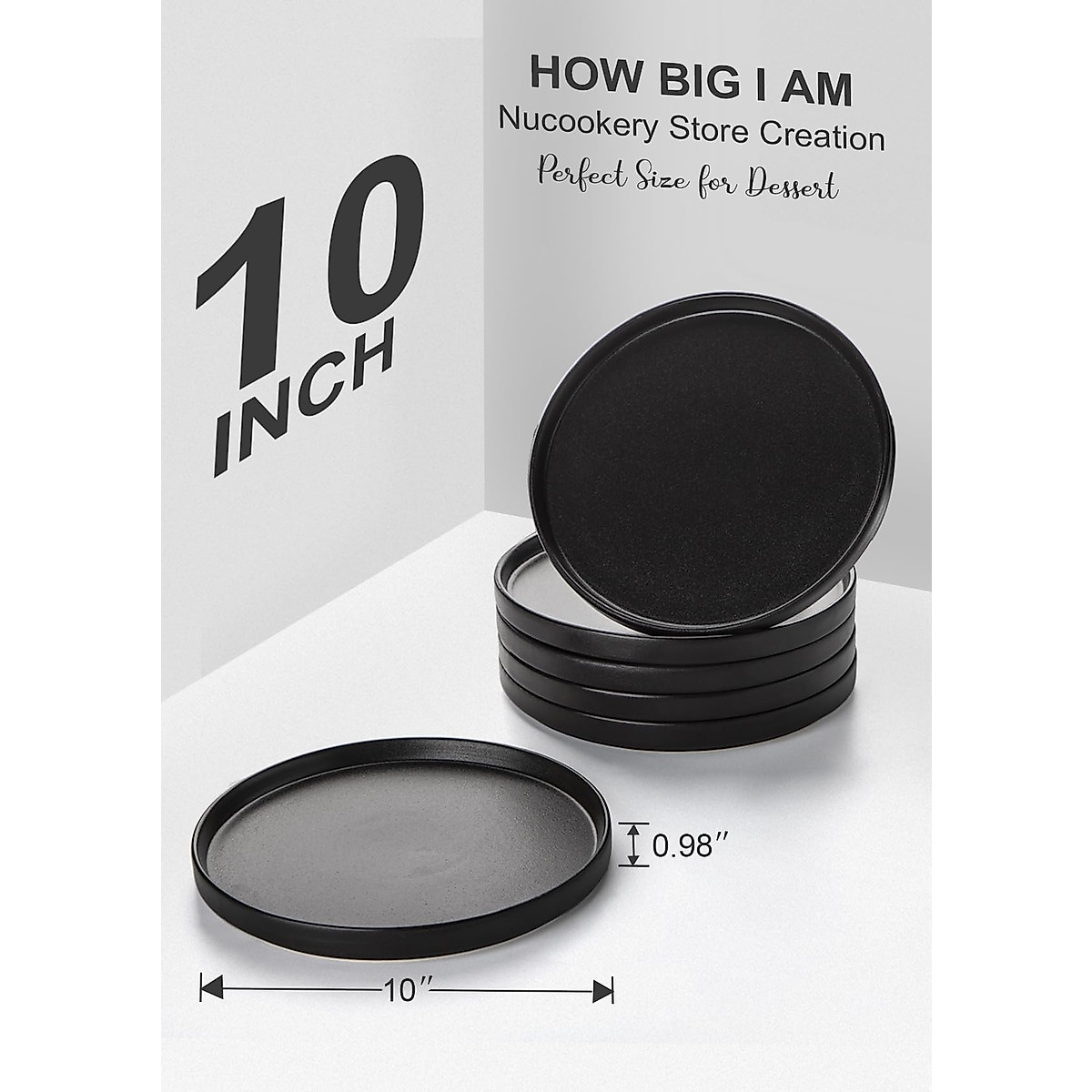 Nucookery Ceramic Dinner Plates Set of 6, 10 Inch Salad Plates, Round Dessert Plates, Large Dinnerware Plates for Kitchen, Microwave, Oven, Dishwasher Safe, Scratch Resistant - Matte Black