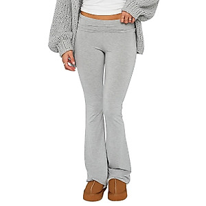 Seyurigaoka Women Y2K Flare Leggings Low Rise Fold Over Waist Yoga Pants Bell Bottom Wide Leg Lounge Pants Trousers (Skinny Gray, S)