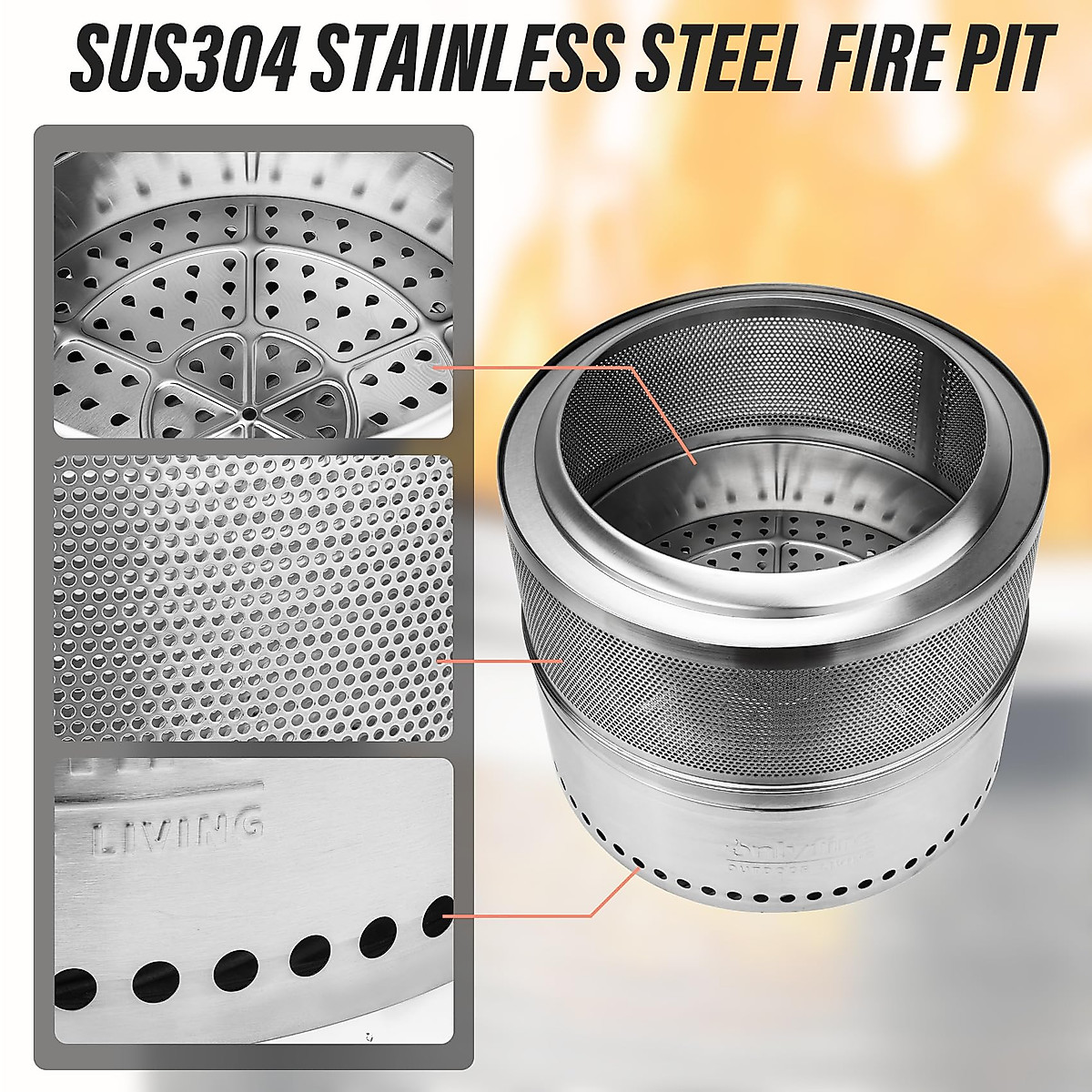 Onlyfire Wood Burning Fire Pit with Carrying Bag, 20” Detachable Portable Outdoor Firepit for Camping Tailgating Patio Backyard Bonfire Party, Perforated Smokeless Fireplace, Stainless Steel FP037