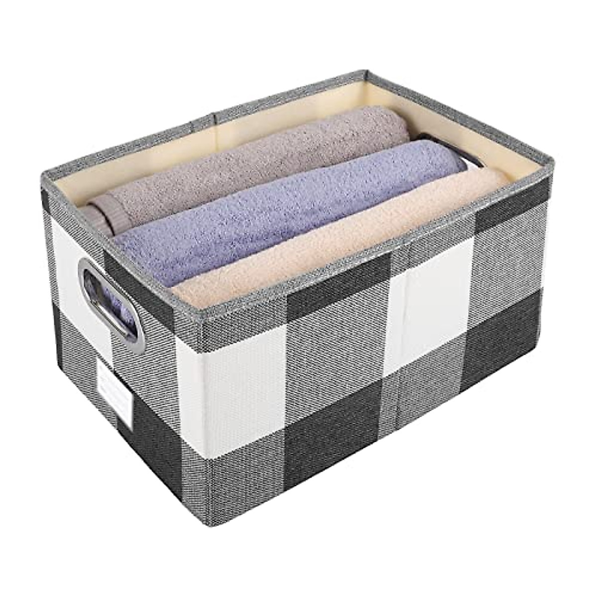 LaMorée Storage Bin Cotton Linen Fabric Basket Box Washable Foldable Decorative Rectangular Container with Handles Label Window Thick PP Plastic Board For Nursery Home Office - Black Plaid, Large Size