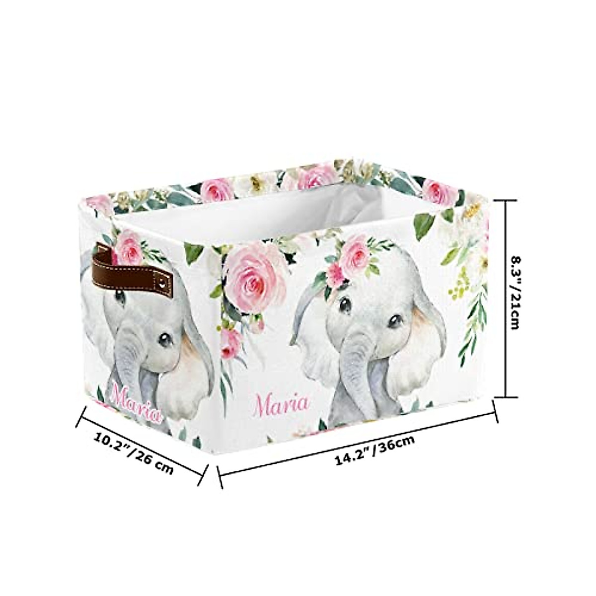 Pink Elephant Floral Personalized Storage Basket ,Custom Storage Bins Cubes Organizer with Handle for Bedroom Wardrobe,Nursery,Basket 1 Pack