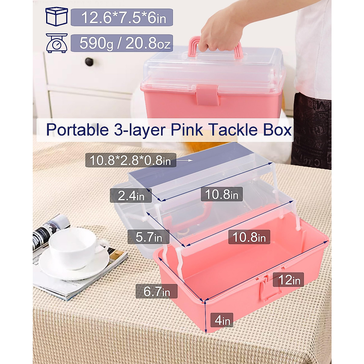 Eujqo Tackle Box Organizer Pink Craft Storage Organizers 3-layer Craft Box Medicine Box Sewing Box Hair Accessories Organizer for Girls Jewelry Box Makeup Organizer Small Plastic Tool Box with Handle