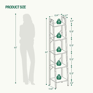 Hzuaneri Ladder Shelf, Bookshelf Bookcase, Freestanding Corner Storage Shelve with 2 Hooks for Home Office, Living Room, Kitchen, Bedroom, Industrial, 5-Tier White Gold BC03213G