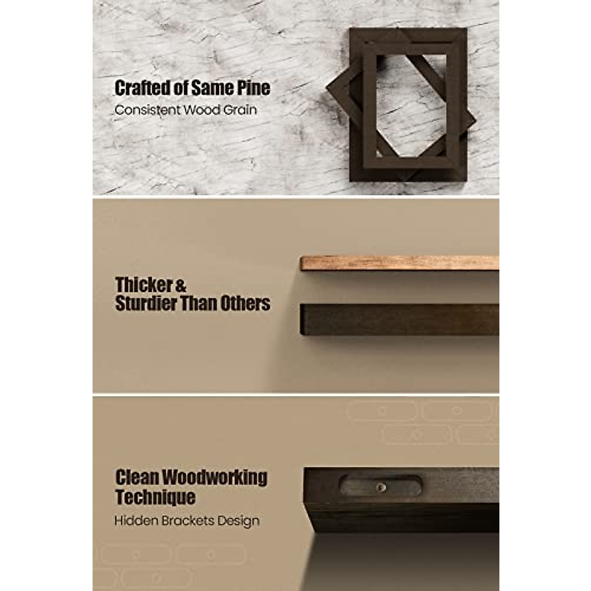 LYNNC Floating Shelves, 2 Rustic Wood Shelves + 3 Photo Frames, Wall Shelves for Bedroom, Living Room, Bathroom, Kitchen, Cocoa Brown