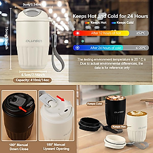 Dlunsen Travel Cup Insulated Coffee Thermal Cup, 14oz Upgraded Double Walled Water Glasses, Vacuum Insulation Stainless Steel with Leak-Proof Lid Tumbler Mug, Reusable Cup for Coffee, White