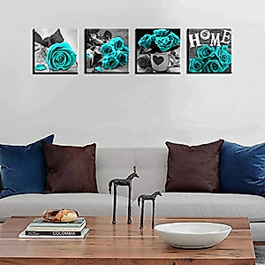 Byllyaz Teal Rose Wall Art Canvas Blue 4 Pieces for Living Room Decor Contemporary Turquoise Blossom Flowers Prints Pictures Artwork Kitchen Office Wall Decor Ready to Hang 16x16