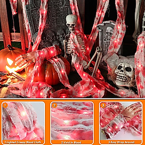 Brizled Lighted Halloween Creepy Blood Gauze Cloth, 16.4ft 50 LED Bloody Cloth Halloween String Lights, Steady ON/Twinkle Spooky Fabric Bloody Strip with Lights Haunted House Staircase Windows Decor