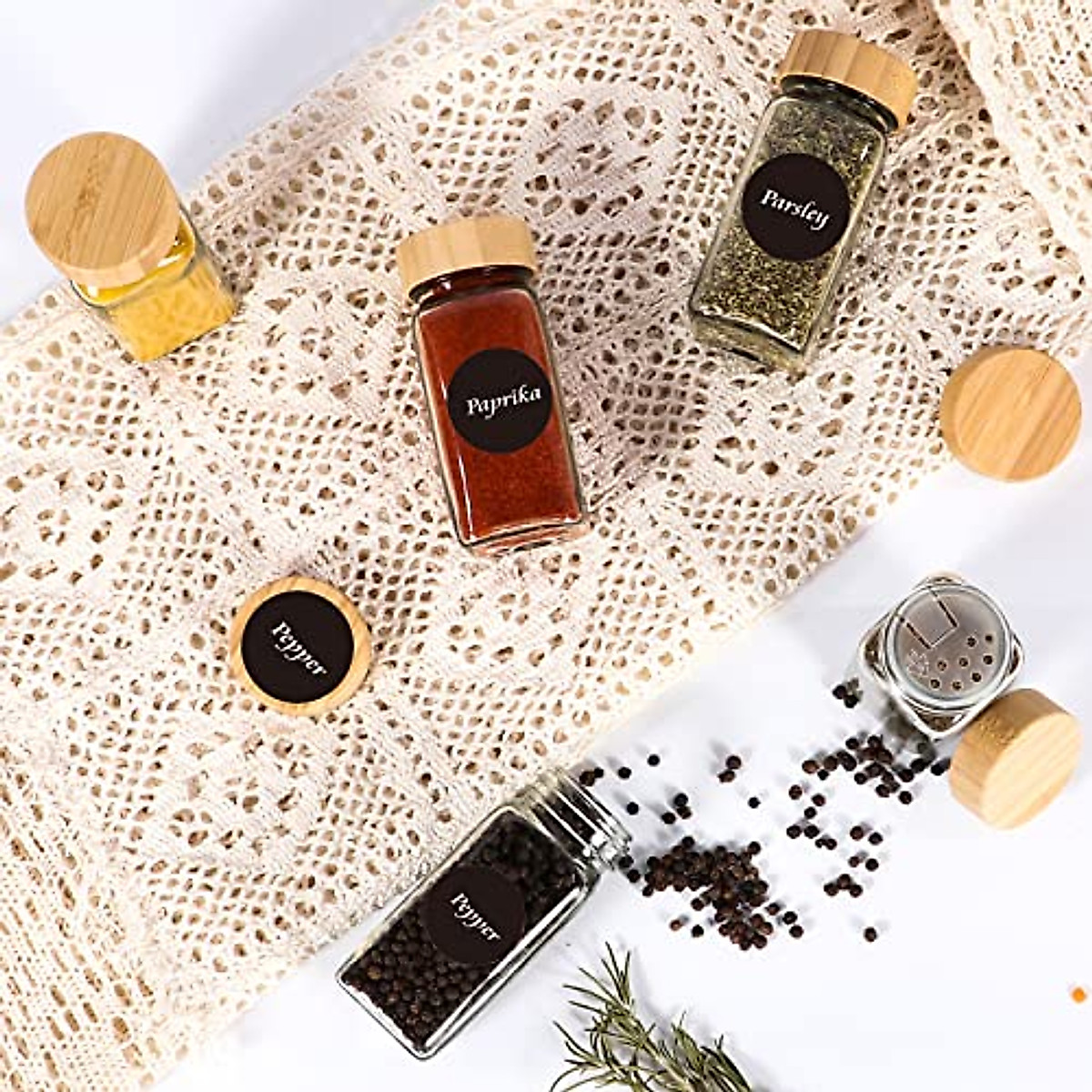CycleMore 24 Pcs Spice Jars with Bamboo Lids 4 oz Glass Spice Jars with Labels - Minimalist Blank Spice Labels Stickers, Black Labels Stickers, Collapsible Funnel
