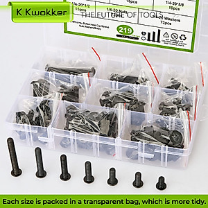 K Kwokker 1/4 20 Bolt and Nuts, 7 Sizes are 2", 1-1/2", 1-1/4", 1", 3/4", 5/8", 1/2", Button Head Hex Socket Cap Screws, Black, Full Machine UNC Thread, with Washers for Screws, 219Pcs Totally