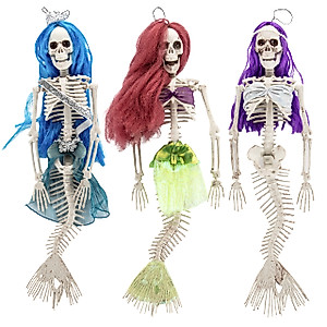 Mermaid Skeleton w Colored Hair Halloween Decorations (3 Pack)-16" Long- Weather Resistant for Indoor/Outdoor -Upgrade Your Fall Graveyard Haunted House or Cemetery Party Decor, Trick-or-Treat Favors