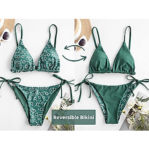 ZAFUL Women's Triangle Bikini Floral String Bikini Set Two Piece Swimsuit Bathing Suits (2-Greenish Blue, M)