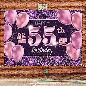 PAKBOOM Happy 55th Birthday Banner Backdrop - 55 Birthday Party Decorations Supplies for Women - Pink Purple Gold 4 x 6ft
