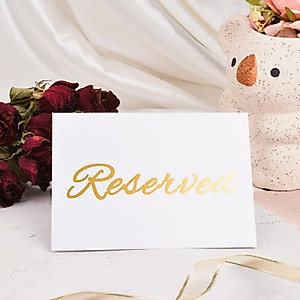 URROMA 25 Pcs Gold Wedding Reserved Table Signs, Double Sided Reserved Table Signs Gold Font Table Reserved Cards White Paper Reserved Table Tent Card