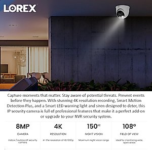 Lorex 4K Ultra HD Smart Deterrence IP 8MP Remote Access Dome Camera with Smart Motion Detection Plus Bundle (2-Pack) (2 Items)