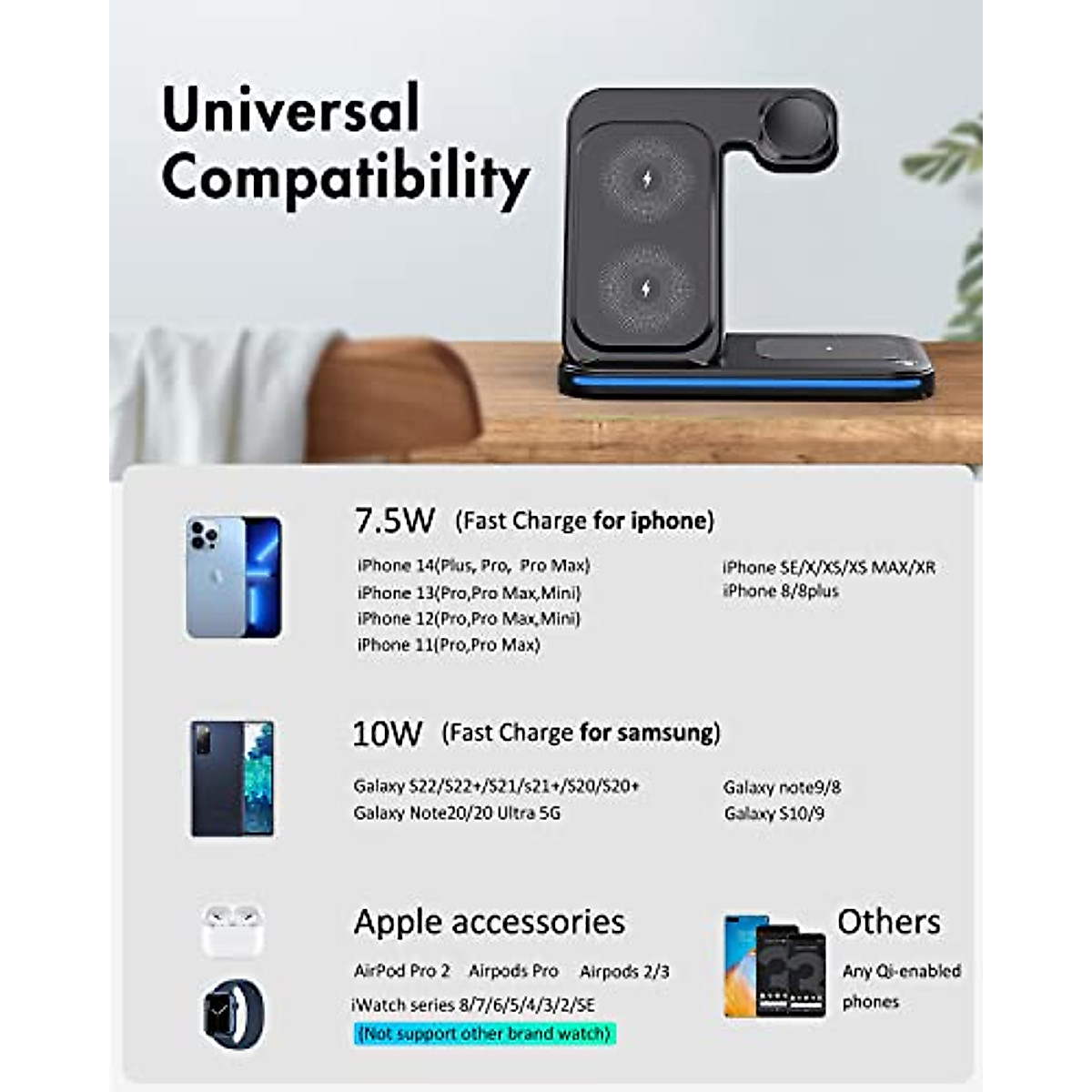 Charger Station for Apple Multiple Devices, 3 in 1 Fast Wireless Charger Stand Dock Foldable for iPhone 14 13 12 11 Pro X XS 8 Plus Apple Watch Series 8 7 6 SE 5 4 3 2 & AirPods 3/2/Pro with Adapter