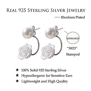 Reffeer Solid 925 Sterling Silver Pearl Jacket Cuff Earrings Wraps for Women Pearl Front Back Stud Earrings