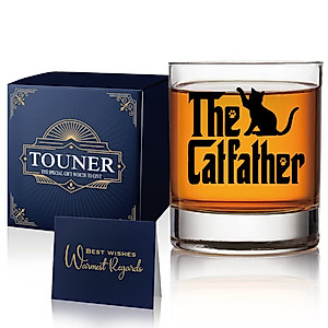 TOUNER The CatFather Whiskey Glasses, Funny Cat Whiskey Rocks Glass, Cat Lover Gifts For Him Cat Dads Cat Owner, Funny Birthday Gift For New Dad Daddy Stepdad, Unique Gift For Cat Lovers