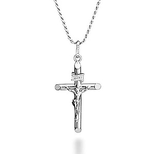 Miabella Rhodium Plated 925 Sterling Silver Small or Large Crucifix Cross Necklace for Men Women, Cross Pendant with Rope Chain, Made in Italy (Small, Length 22 Inches (men's average length))