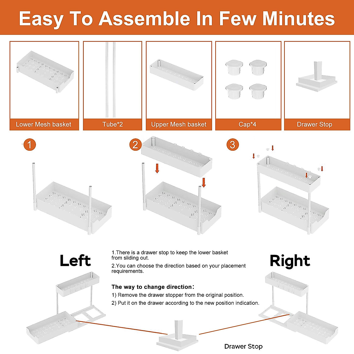 Under Kitchen Sink Organizers and Storage L-Shape Easy Assembly,Under Sink Organizer Kitchen Durable Pull-Out with Sliding Drawer,Bathroom Sink Organizer Large Capacity with Hooks,2 Pack,White