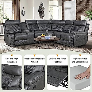 Eafurn Grain Leather Upholstery Manual Reclining Sectional Storage Console and Cup Holders,Symmetrical Motion Sofa & Corner Couch Living Room Furniture Set Home Theater Seating Movie Chair, Gray