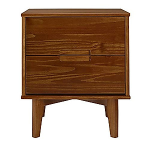 Walker Edison Mid Century Modern Grooved Handle Wood Nightstand Side Table Bedroom Storage Drawer and Shelf Bedside End Table, 2 Drawer, Walnut