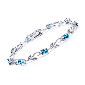 Gem Stone King 925 Sterling Silver Swiss Blue Topaz and Diamond Greek Vine Tennis Bracelet For Women (5.08 Cttw, Gemstone Birthstone, 7 Inch)
