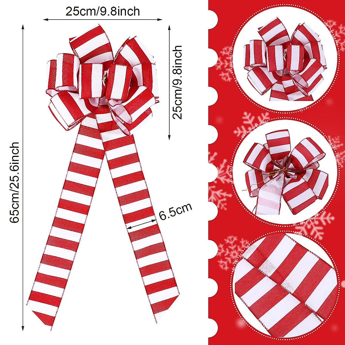 WILLBOND Christmas Red White Bow Red White Stripe Christmas Candy Cane Pattern Burlap Large Wreath Ribbon Bow Decorative for Tree Holiday Decoration Supplies, 25.6 x 9.8 Inch