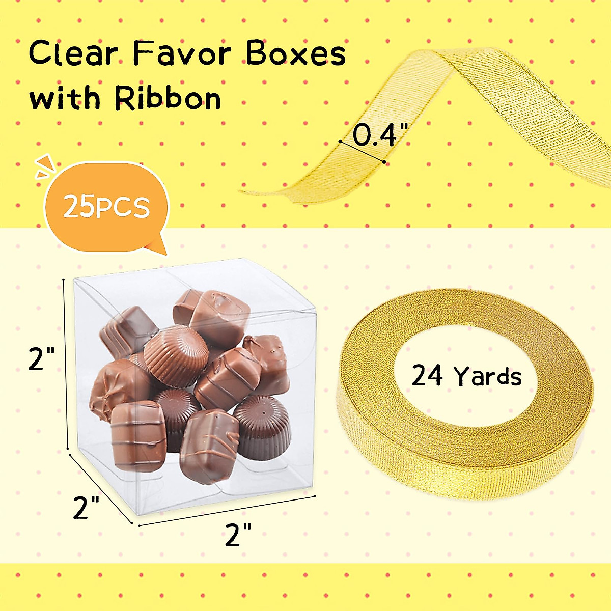 VGOODALL 25PCS Clear Favor Boxes with Ribbon, 2inch Transparent Cube PET Boxes Small Gift Boxes for Wedding, Bridal Shower, Baby Shower, Christmas Party