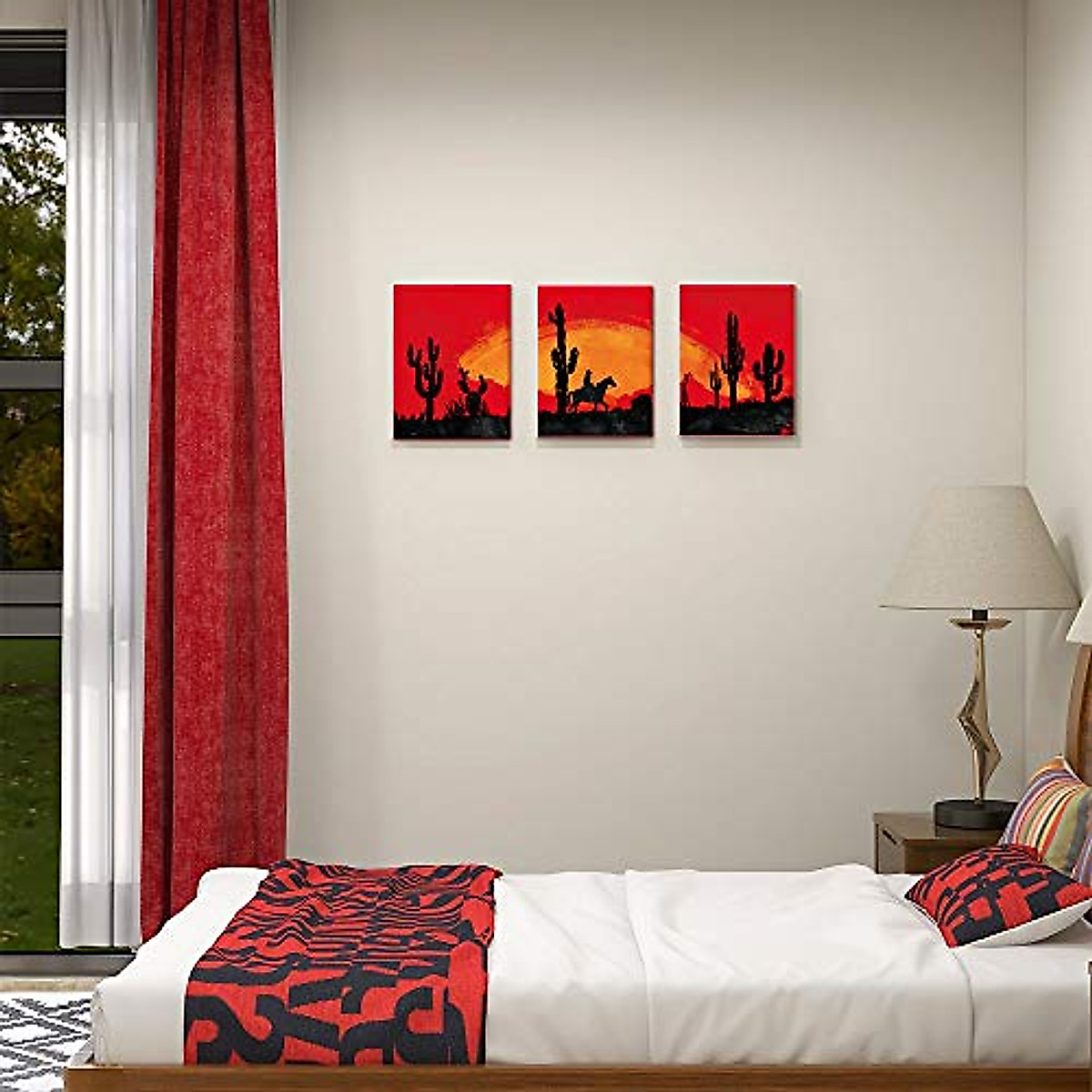 SUMGAR Red Wall Art Western Wall Decor Prints for Bedroom Bathroom, Cowboy Desert Cactus Sunset Pictures Southwest Canvas Paintings for office living room,12x16 inch