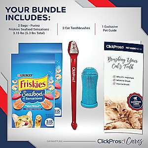 ClickPros Friskies Dry Cat Food Seafood Sensations Bundle | Includes 2 Bags of Friskies Dry Cat Food Salmon, Tuna, and Shrimp Flavors (3.15 LB) Pet Guide and 2 Toothbrushes!
