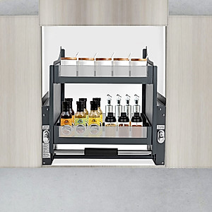 24 Inch Pull Down Shelf 2-Tier Upper Kitchen Cabinet Storage Pull Down Spice Rack Organizer Multifunctional Hanging Wall Pull Down Shelf Holder for Bathroom Home Kitchen High Cabinet, Black