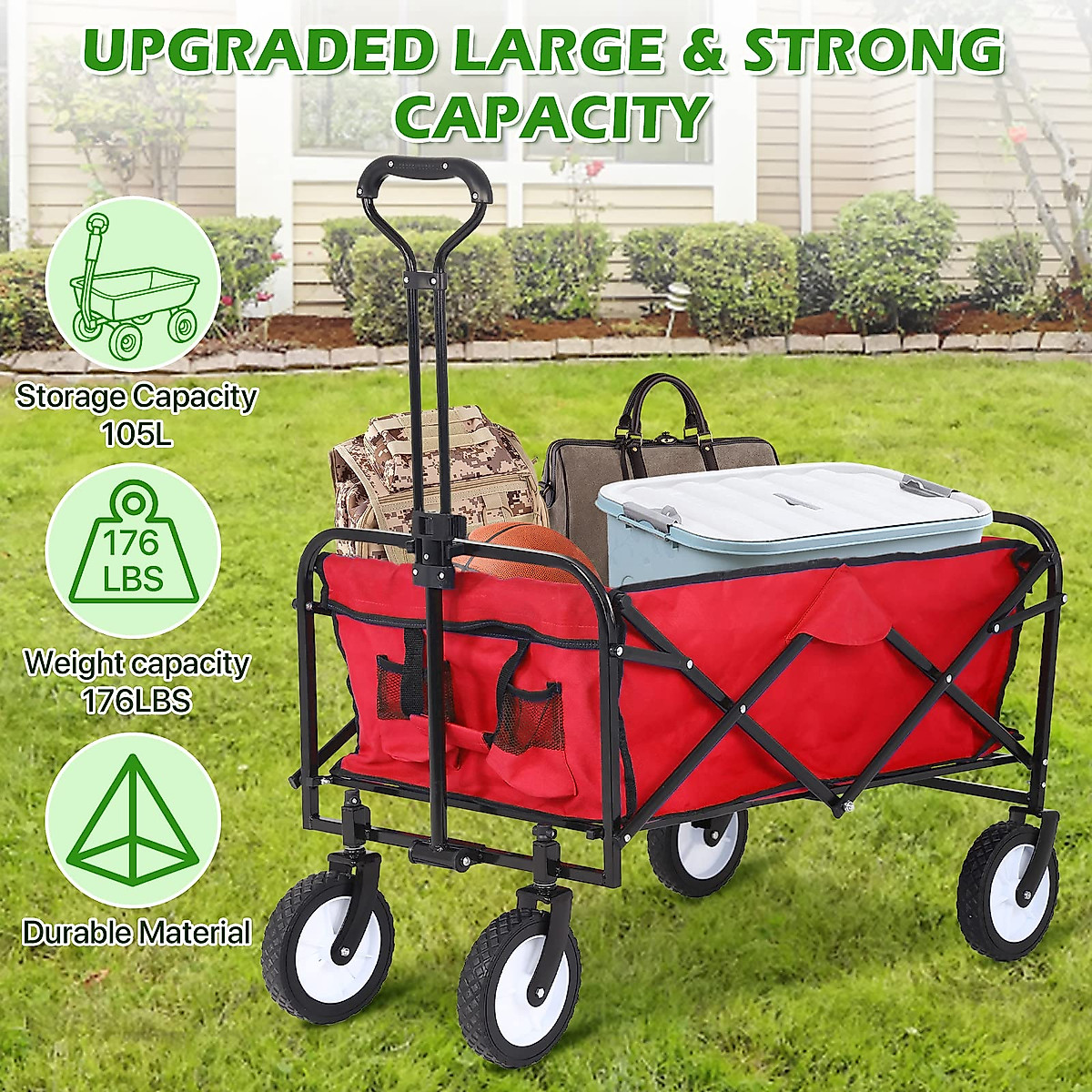 HKLGorg Folding Wagon with Wheels - Heavy Duty Beach & Outdoor Grocery Wagon, Portable & Collapsible Utility Wagon with Handle for Camping, Red