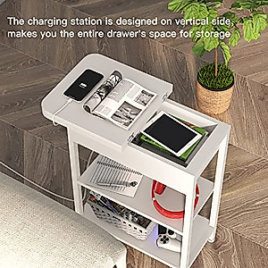 LIDYUK End Table with Charging Station, Flip Top Side Table with USB Ports and Outlets, Nightstand for Small Spaces, Bedside Tables with Storage Shelf for Living Room, Bedroom, White