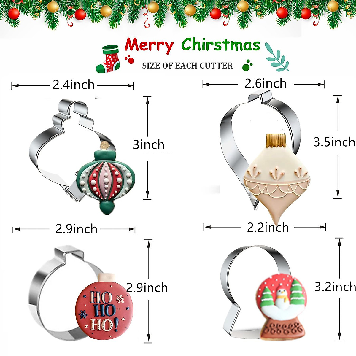 Q-BAKER Christmas Ornaments Cookie Cutters, 4PCS Stainless Steel Snow Globe,Round Ornament,Teardrop Bauble, Finial Shapes with Decorating Instructions