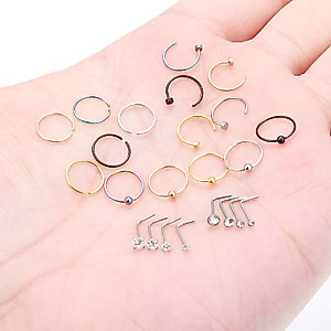 SCERRING 23PCS 22 Gauge Nose Rings Hoop Stainless Steel L Shaped Clear CZ Nose Studs Cartilage Daith Tragus Ear Piercing Ring Hoop Body Jewelry Set