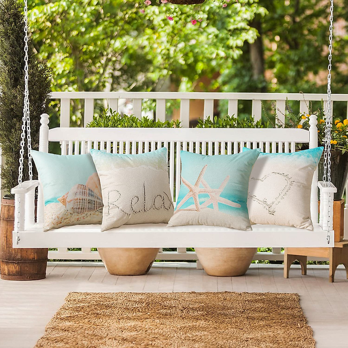 OTOSTAR Waterproof Summer Decorations Outdoor Throw Pillow Covers Linen Starfish Shell Pillow Covers Pack of 4 Square Cushion Case Garden Pillowcase 18x18 Inch for Patio Furniture Couch Tent (Beach)