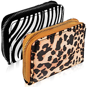 SHERCHPRY 2pcs Women Credit Cards Holder, PU Leather Cards Container, Cash Storage Pouch with Zipper, Credit Card Coin Wallet, Change Pouch for Women (Leopard Print and Zebra Print)