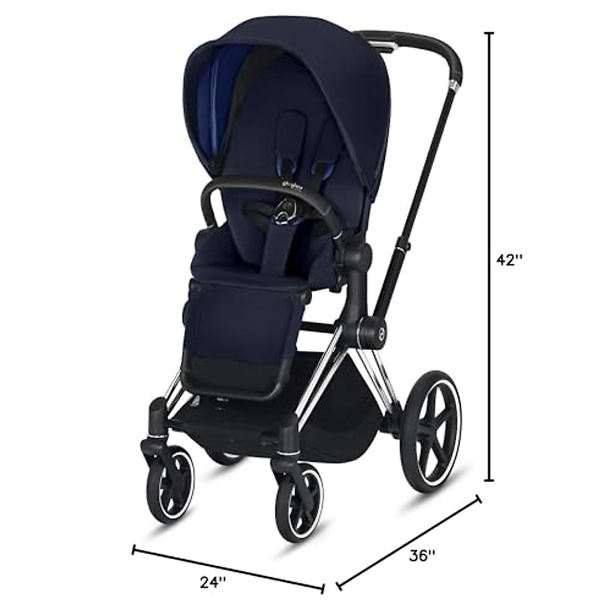 Cybex Priam 3 Complete Stroller, One-Hand Compact Fold, Reversible Seat, Smooth Ride All-Wheel Suspension, Extra Storage, Adjustable Leg Rest, Indigo Blue with Chrome/Black Frame