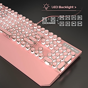 MageGee Typewriter Mechanical Gaming Keyboard, Retro Pink Punk Round Keycaps LED White Backlit Wired Keyboards with Detachable Wrist Rest for Game and Office, for Windows Laptop PC Mac - Blue Switches