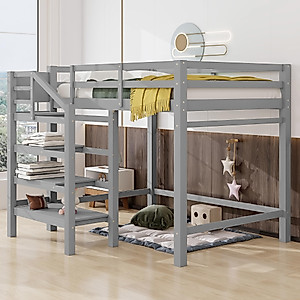 Bellemave Full Size Loft Bed with Stairs, Wood Loft Bed Frame with Storage Shelves and Hanging Rod Gray Loft Beds for Kids Boys Girls Adults Teens Dorm Bedroom