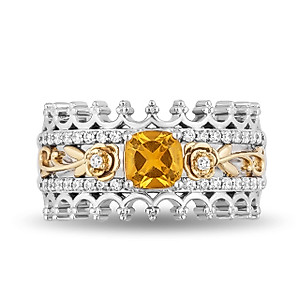 Jewelili Enchanted Disney Fine Jewelry Sterling Silver and 10K Yellow Gold with Citrine and 1/4 CTTW Diamond Belle 30th Anniversary Ring Size 7