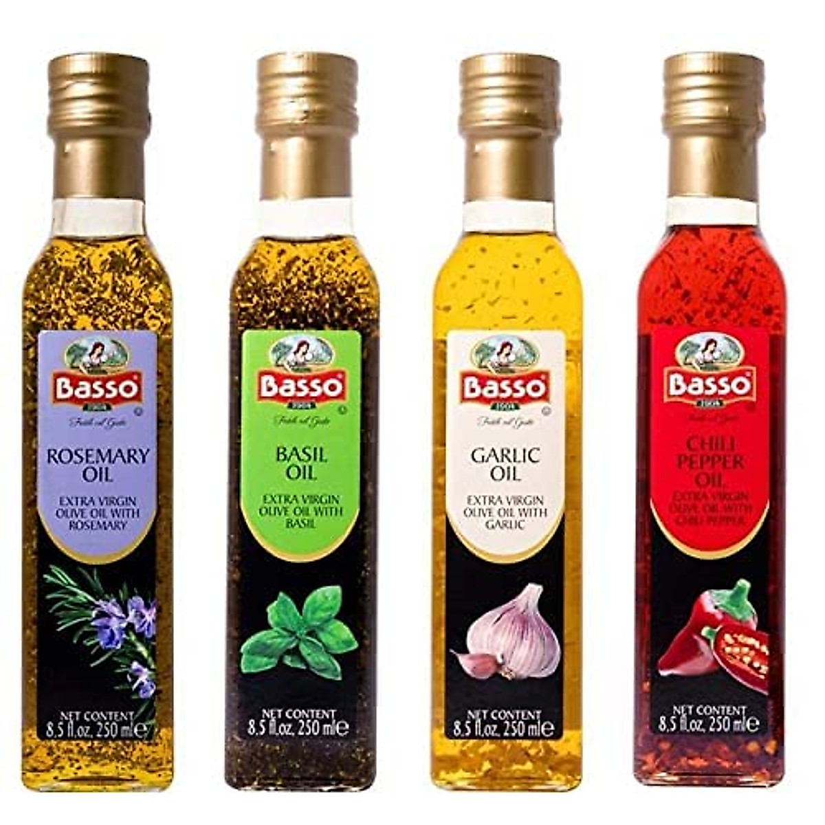 Basso, Garlic, Rosemary, Basil, Chili Pepper, 4 bottles x 8.5 fl.oz (250ml), Naturally Infused Flavored Extra Virgin Olive Oil for Dipping & Tasting, 4 pk Gift Set (Gift Box Included), All Natural, Great Corporate Gift,