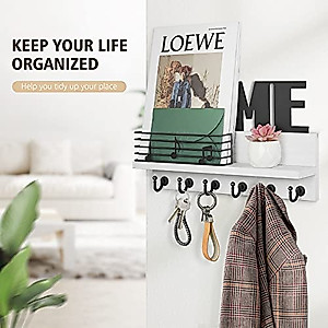 Dinosam Key Holder for Wall: Mail Organizer Wall Mount and Key Shelf with 6 Sturdy Hooks and Black Metal Decorative Piece for Entryway Farmhouse Decor, White