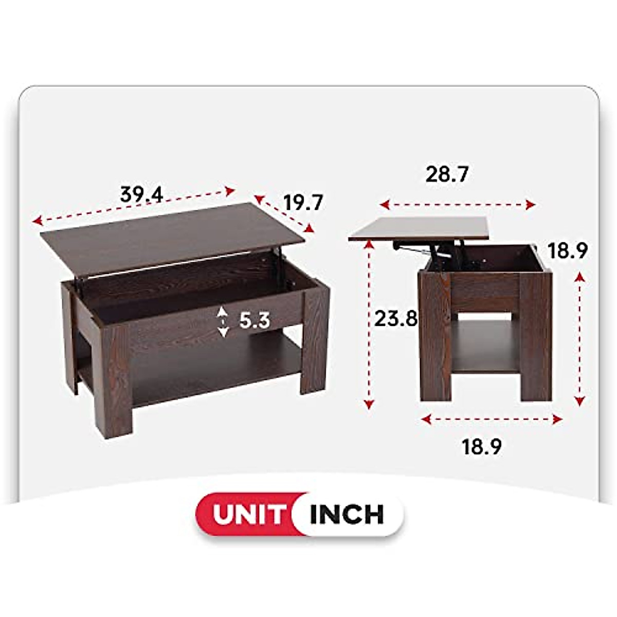 FDW Lift Top Coffee Table with Hidden Compartment and Storage Shelf Wooden Lift Tabletop for Home Living Room Reception Room Office (Espresso)