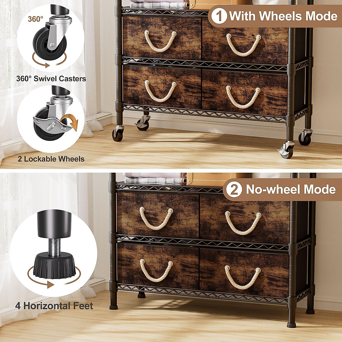 Maiproo Clothes Rack with Drawers Rolling Heavy Duty Clothing Racks for Hanging Clothes Garment Rack with 4 Fabric Drawers Adjustable with Double Side Hooks Wardrobe Closet Portable Storage Black