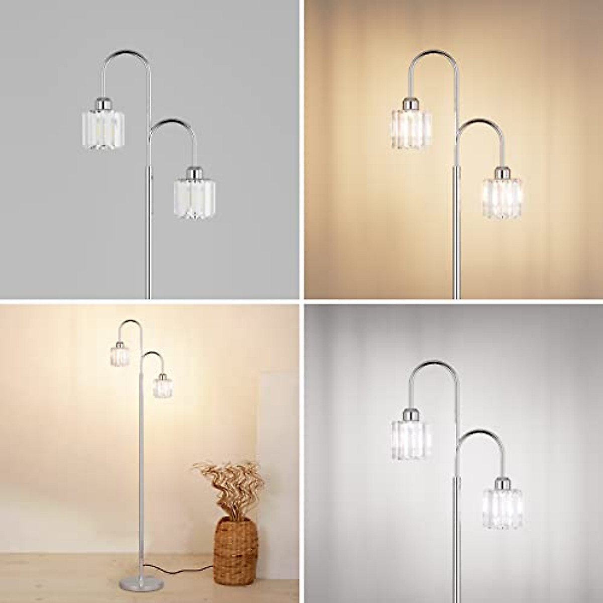 Ralbay Crystal Chrome Floor Lamp, 2-Light Modern Crystal Floor Lamp, Crystal Chrome Tall Lamp Tree Glam Floor Lamp for Living Room Bedroom (Bulb Excluded)