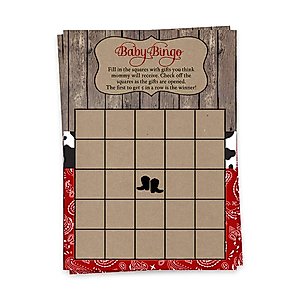 The Invite Lady Cowboy Bingo Cards Baby Shower Boots and Bandanas Boys Red Black Country Barn Paisley Game Shower Games Activities (24 Count)