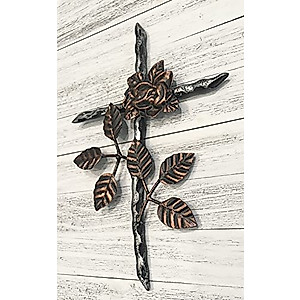 Top Brass Decorative Floral Wall Cross - Welded Wrought Iron - Leaves, Branches and Flowers Religious Metal Art Sculpture - Antique Silver/Copper Finish (Leaves and Rose)