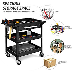 Happytools 3 Tier Tool Cart on Wheels, Heavy Duty Industrial Utility Service Cart with Drawer, Rolling Mechanic Tool Box Organizer for Garage Warehouse Workshop Repair Shop, 330 LBS Capacity (Black)