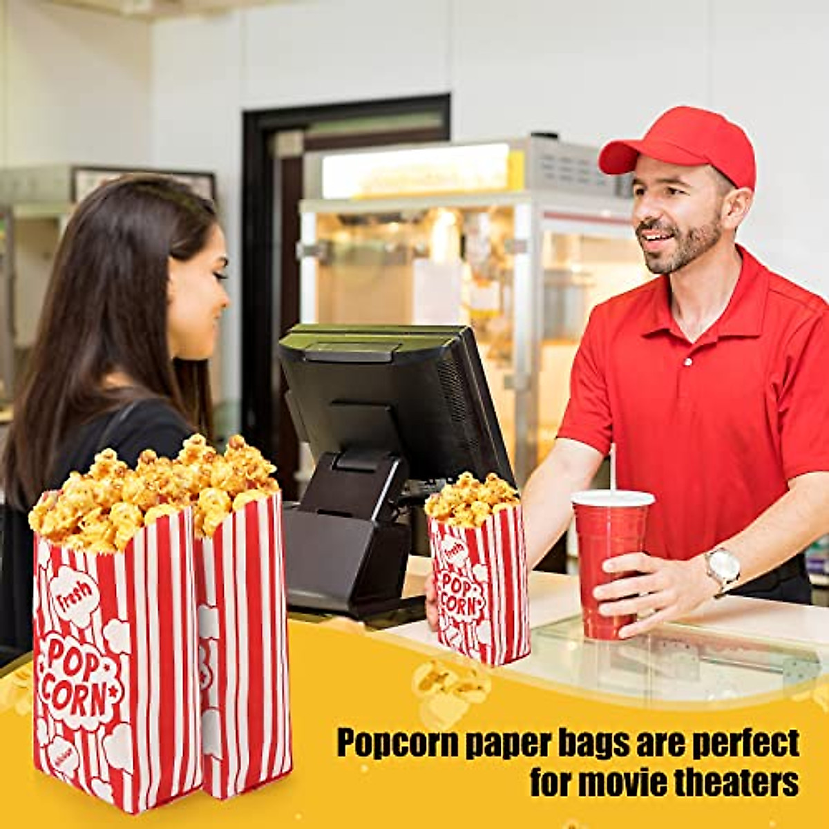 200 Pieces Popcorn Bags 1 oz Greaseproof Popcorn Paper Bags Individual Servings White and Red Striped Popcorn Sleeves Disposable Flat Bottom Popcorn Take out Bags for Movie Theater Carnival Party